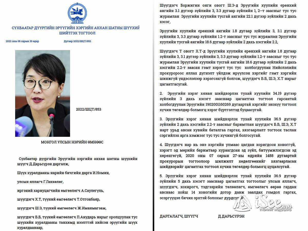 ЖДҮХС ийн захирал асан Б Батцэцэг нарт холбогдох 1 5 тэрбум төгрөгийн хэргийг шүүхээс